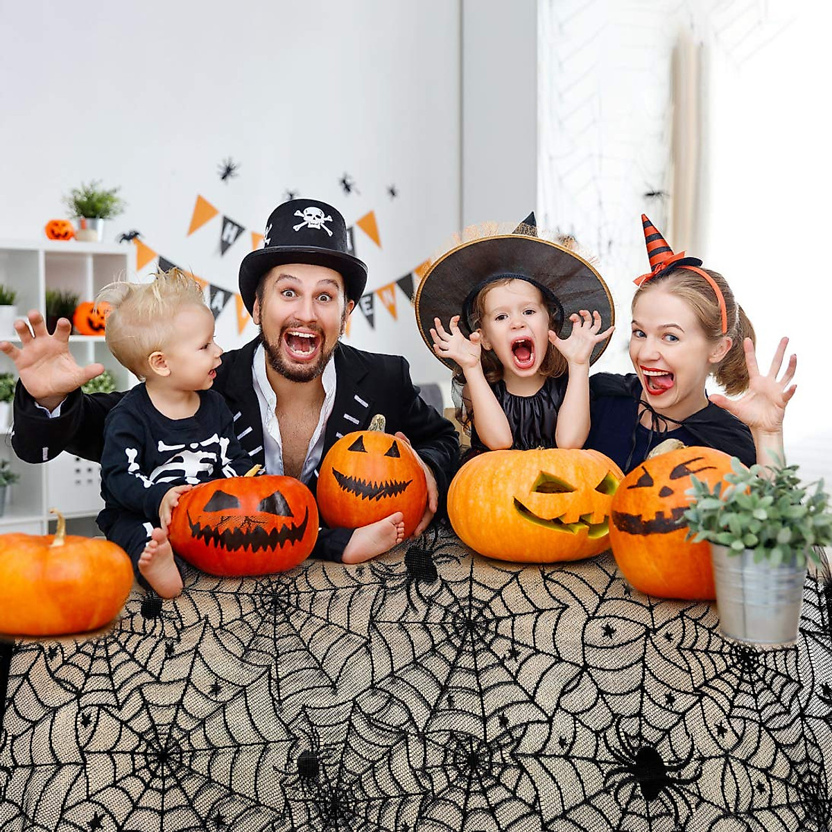 Korlon Halloween Tablecloth, 2 Pcs Halloween Decorations Indoor Spider Web Table Cloth, 54”x 72” Rectangular & 42” Round Black Lace Tablecloth Cover for Halloween Home Party Kitchen Table Decor