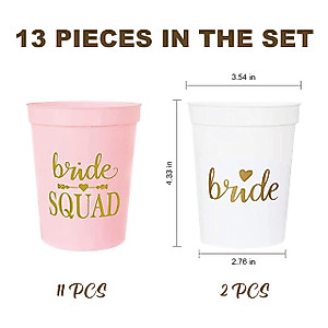 PartyGifts&beyond 13packs Bachelorette Party Cups Bride Squad Plastic Cups for Bridesmaid Gifts Bridal Shower Wedding Bachelorette Party Decorations(Pink)