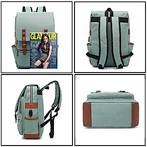 UGRACE Vintage Laptop Backpack with USB Charging Port, Elegant Water Resistant Travelling Backpack Casual Daypacks School Shoulder Bag for Men Women, Fits up to 15.6Inch Laptop in Green