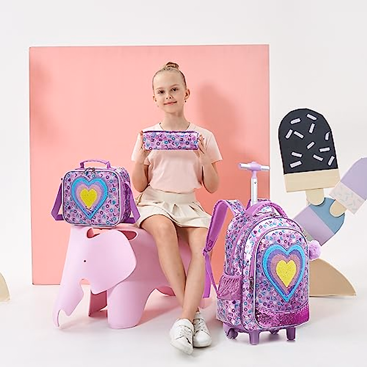 Meetbelify Girls Rolling Backpack Kids Rolling Backpacks with Wheels for Girls Elementary Kindergarten Sequin School Bag Travel Suitcase Luggage with Lunch Box for Girls 6-12