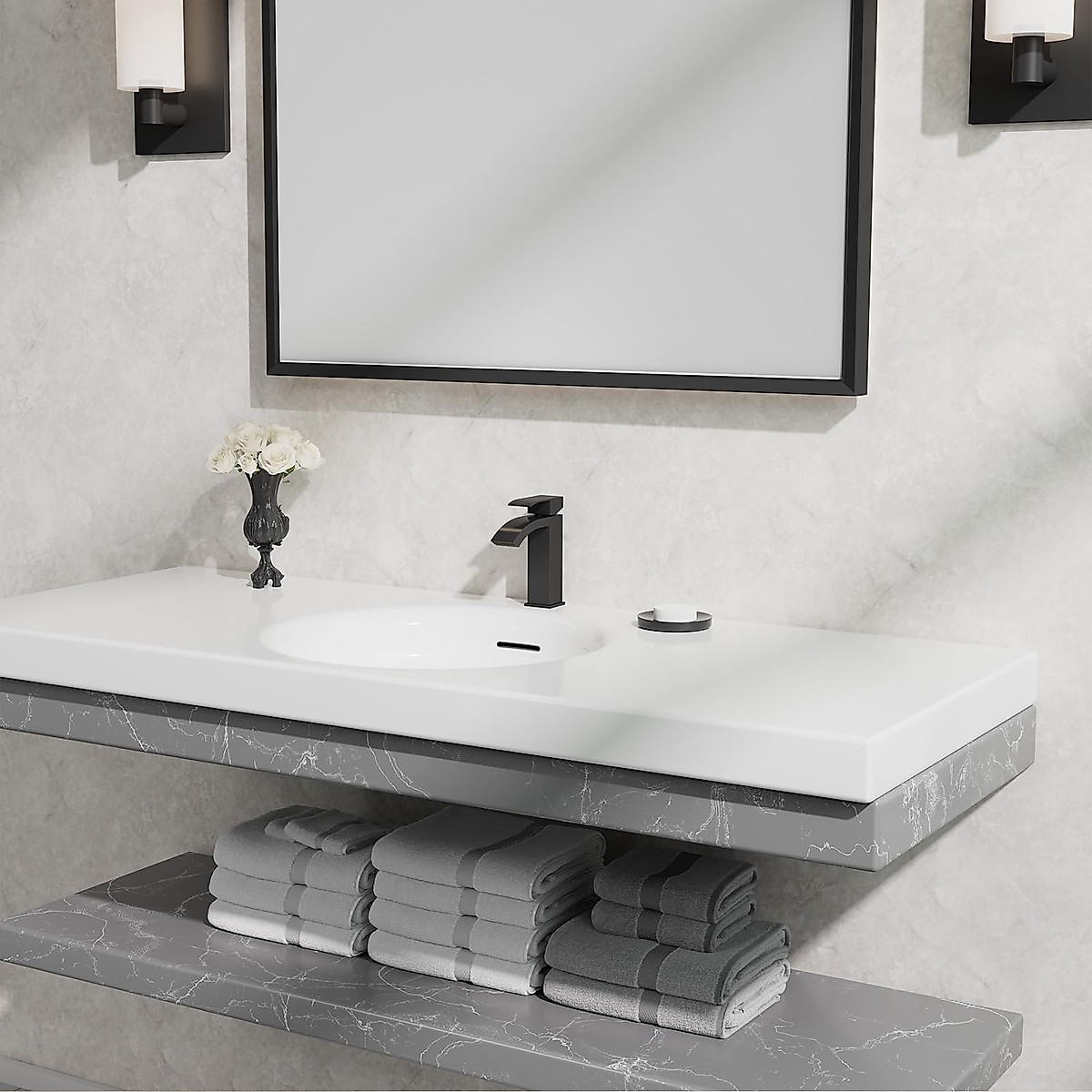 Phiestina Matte Black Waterfall Single Handle One Hole Bathroom Sink Faucet, Square Single Hole Basin Faucet with Metal Pop-up Drain with Overflow and Water Supply Line, BF01049-N1-MB