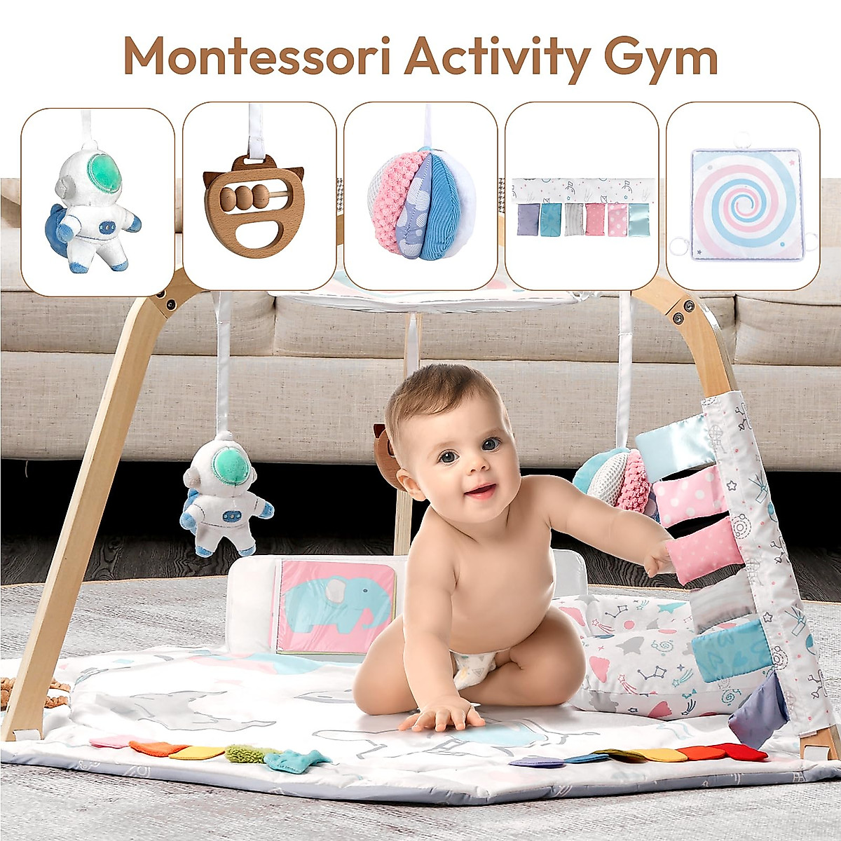 Woodtoe Baby Play Gym Wooden Baby Gym, Montessori Tummy Time Playmats with Natural Wooden Legs, Early Development Activity Gym, Newborn Gift for Infant to Toddler, 0-12 Months