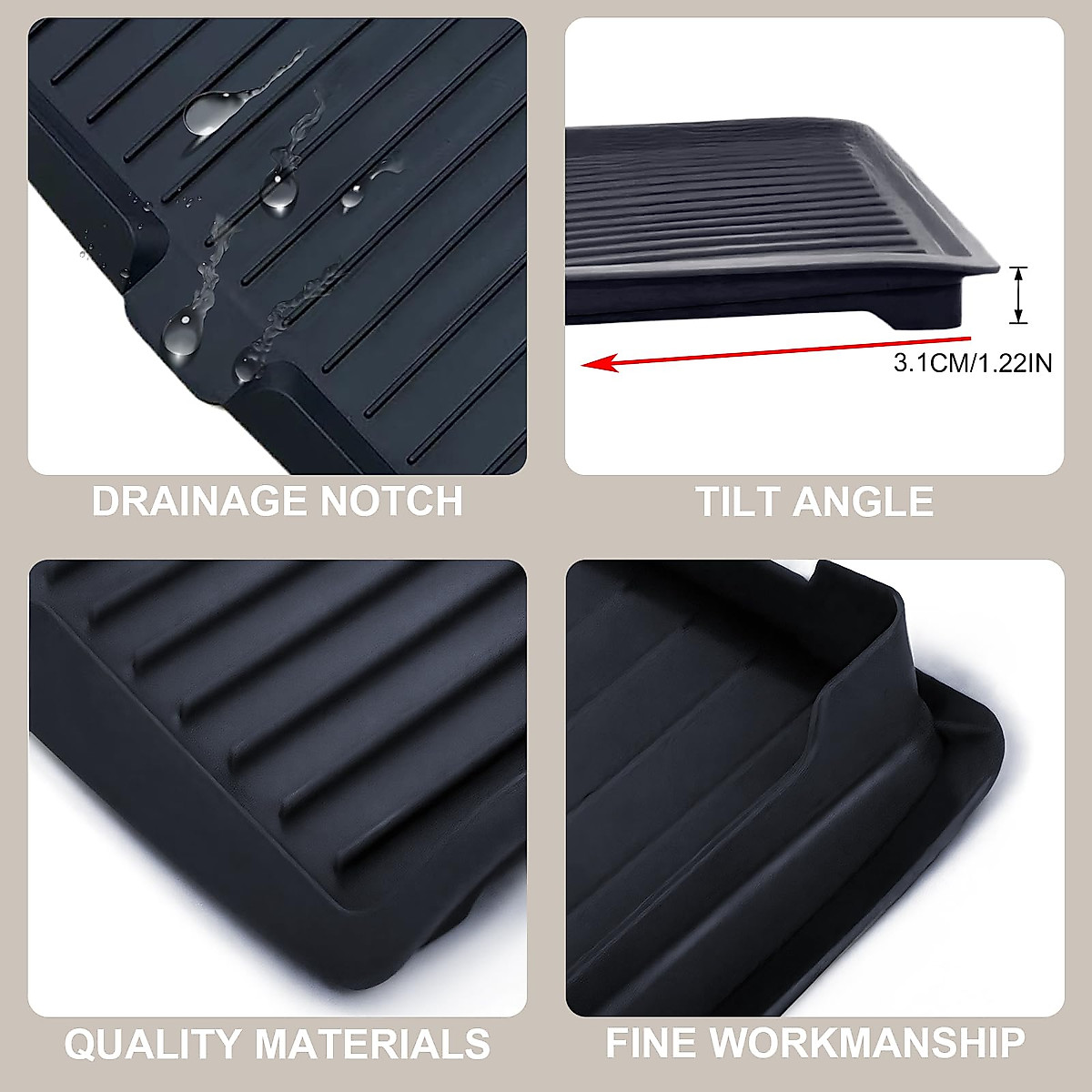 SWEETBIUTI Dish Drain Board Tilt PP Dish Drainer Quick Dry Dish Drain Board with Drain Port Dish Drying Rack Multipurpose for Kitchen Counter, Black 15.75x10.43x1.18in.