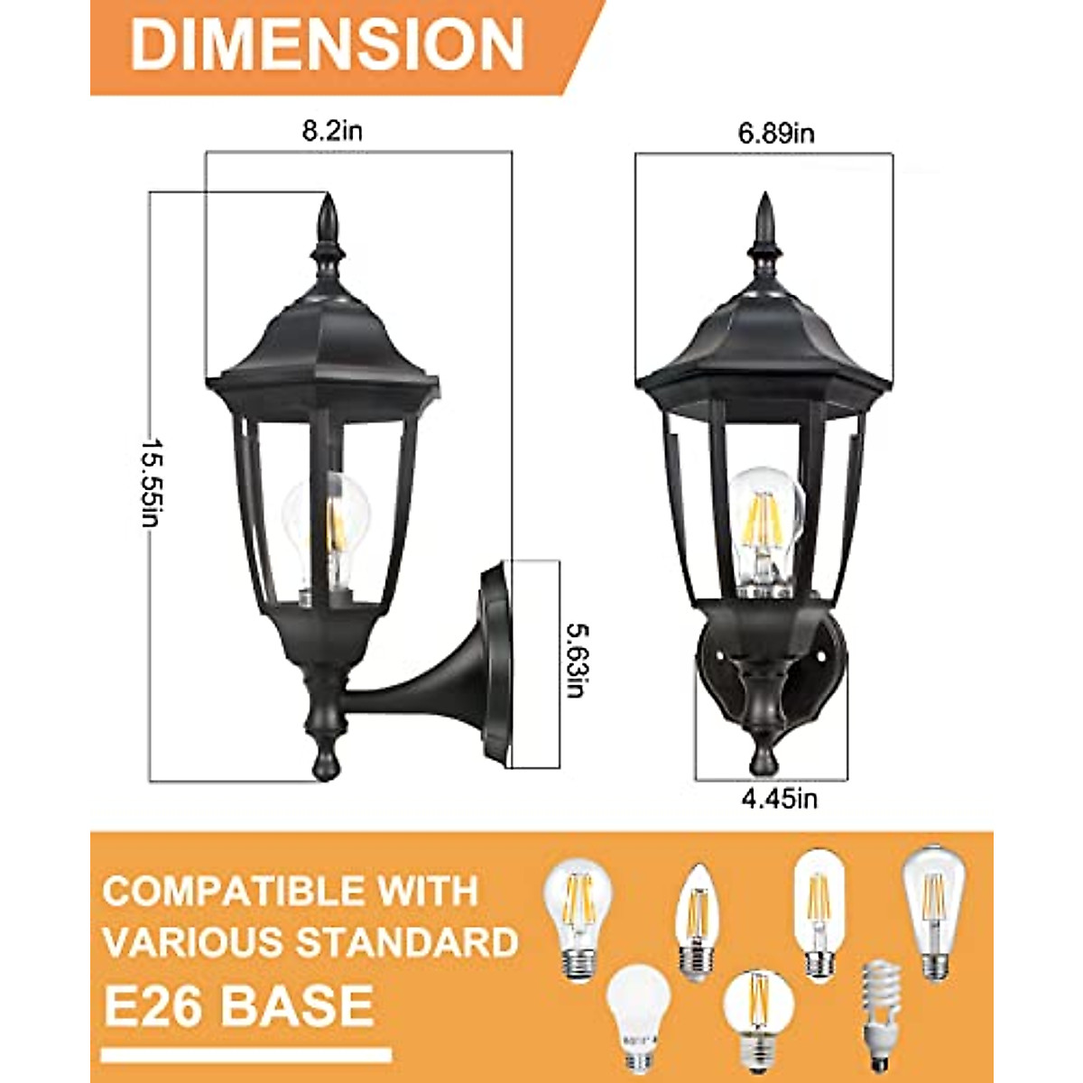 FUDESY Outdoor Wall Porch Lights, Exterior Waterproof Wall Sconce Light Fixture, Black Plastic Wall Lantern Wall Mount Lighting for Front Door, Garage, Patio, FDS341B2 (Bulb Included)