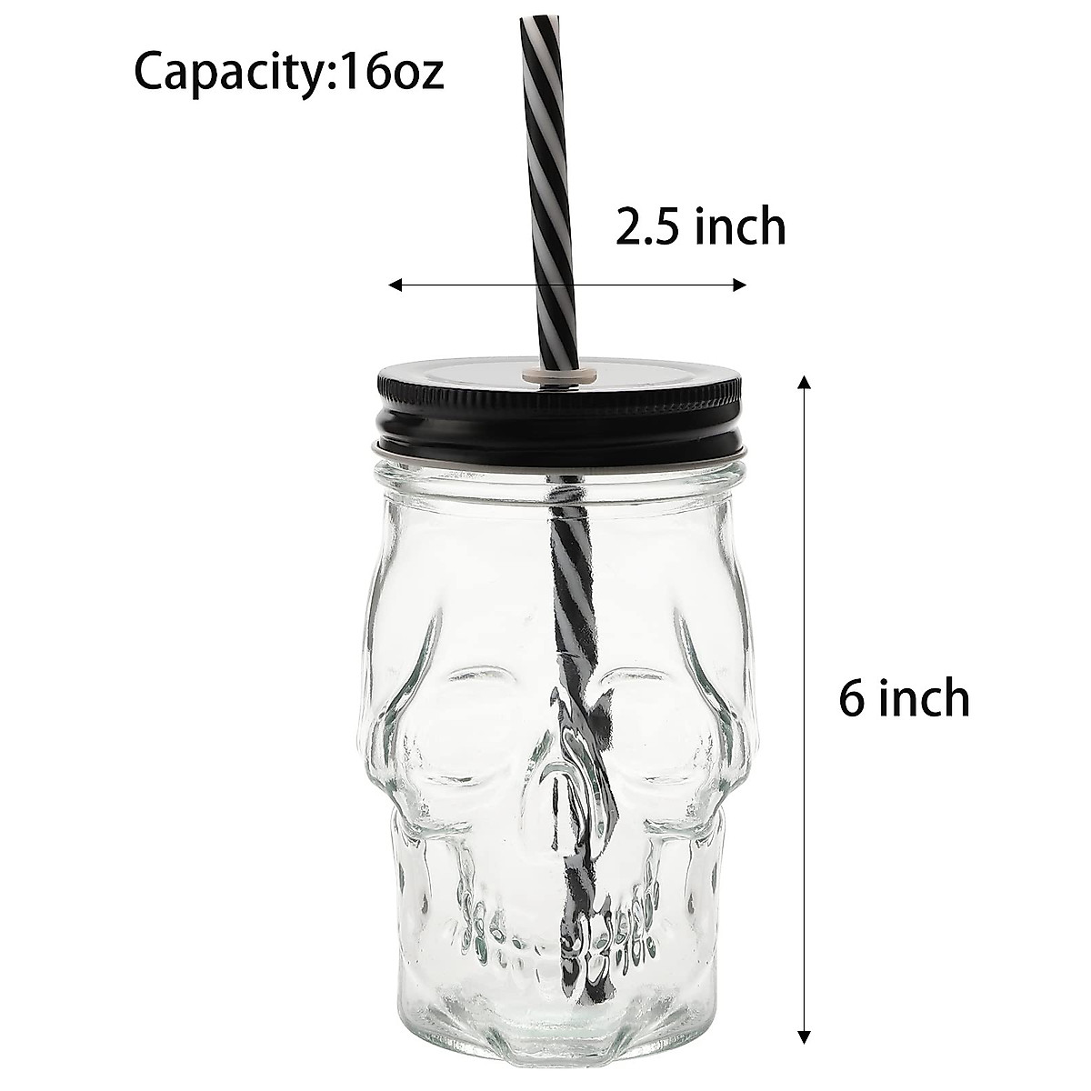 TOPZEA 6 Pack Mason Jars Mugs, 16 oz Glass Skull Mason Drinking Mugs Tumbler Cup with Straws Old Fashioned Jar Drinking Glasses Heavy Base for Beverage, Brandy, Liquor, Jello