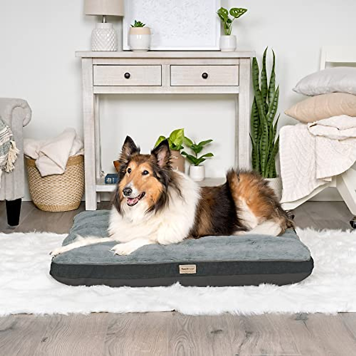 Pooch Planet Large Memory Foam Mix Dog Bed Plush & Textured Linen Mattress w/Removable Washable Cover - Gray, Large