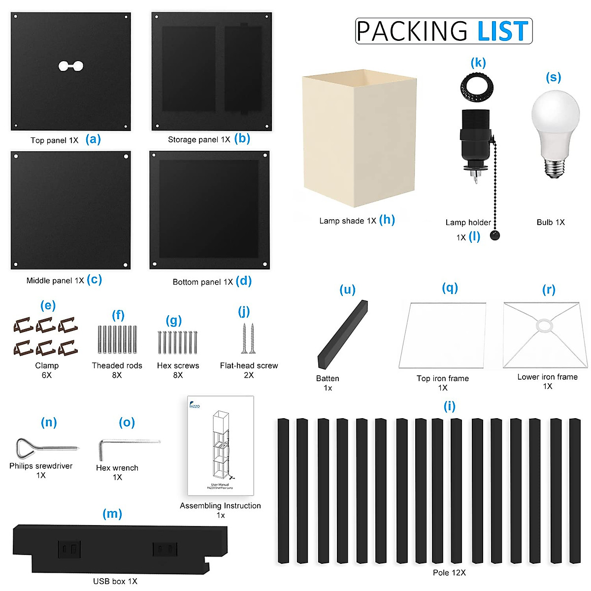 PAZZO Floor Lamp with Shelves, Shelf Floor Lamps by Real Solid Wood with 2 Charging Ports and 1 Power Outlet, Floor Lamps for Bedrooms, Lamps for Living Room, Matt Black