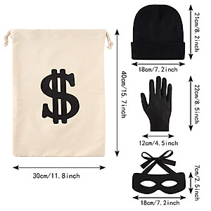 YAROMO 4 Pieces Robber Costume Set, Include Canvas Dollar Sign Money Bags Bandit Eye Mask Knit Beanie Cap for Halloween Cosplay Burglar Theme Party