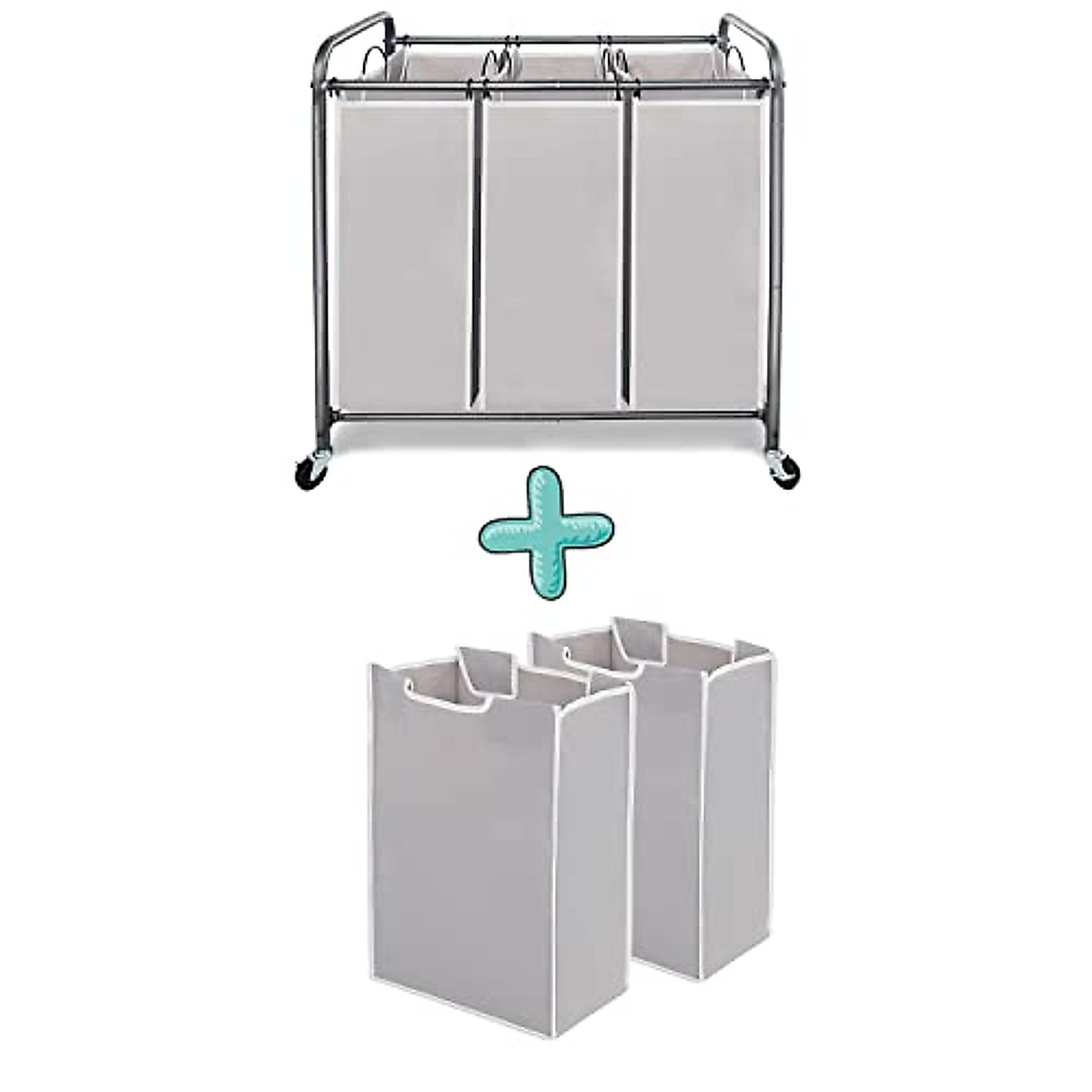 STORAGE MANIAC 3 Section Laundry Sorter Rolling Laundry Hamper Laundry Basket with Wheels and Laundry Sorter Replacement Bag 2 Pack