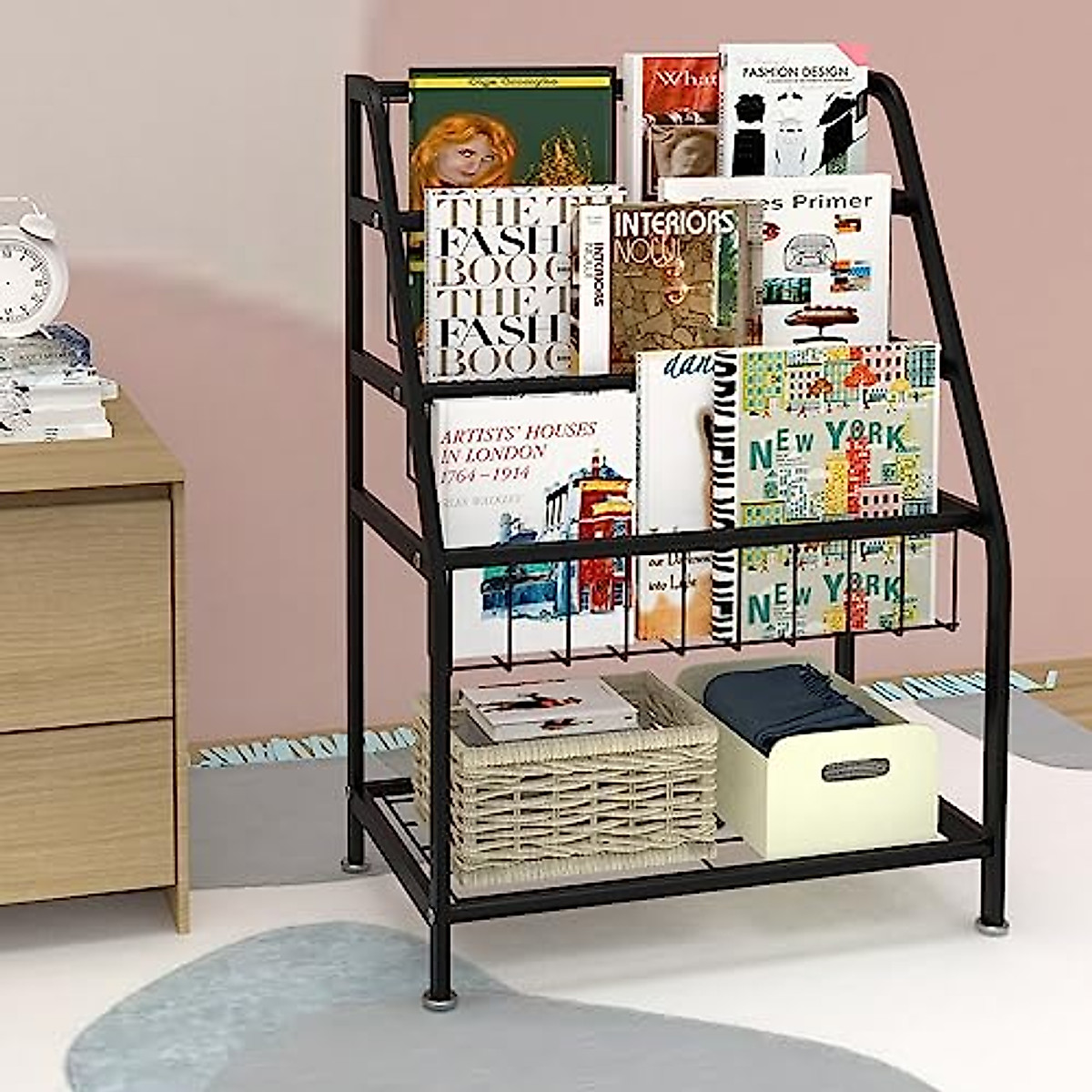 Azheruol Kids Bookshelf Freestanding for Children Room 25 Inches Black Metal Bookcase Large Capacity Books Toys Organizer Stable 5 Tiers Kids Book Rack for Playroom Bookstore Library.