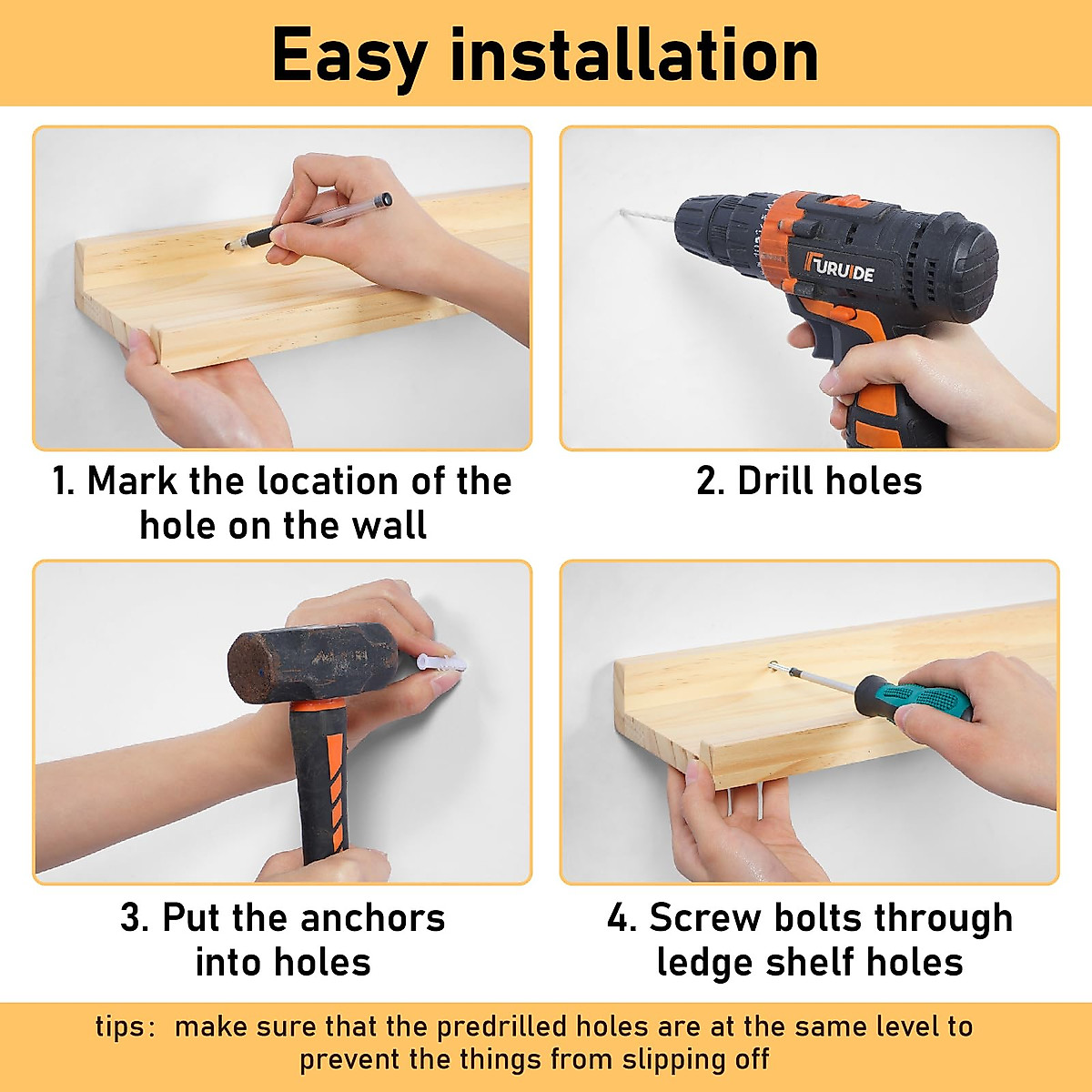 tonchean Floating Shelves 49 inch Pine Wooden Shelf with Ledge, 2 Pcs Long Floating Shelf with Lip for Wall, Picture Shelf for Living Room Bedroom Kitchen