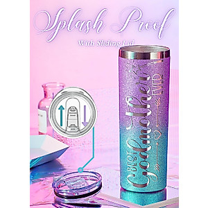 Onebttl Godmother Gifts, Mothers Day Gifts for Godmother, 20 oz Skinny Stainless Steel Tumbler Travel Mug for Best Friend, Aunt, Sister, Best Godmother Ever Glitter Blue Purple