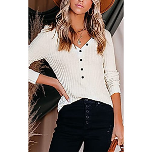 PRETTYGARDEN Women Long Sleeve Tops - Sexy V Neck Button Slim Fitted Ribbed Henley Shirts (White, X-Large)