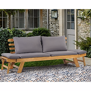 PayLessHere Outdoor Couch Patio Couch Daybed with Adjustable Armrest, Wooden Loveseat with Cushion and Pillow, and Expandable Plate