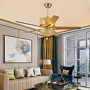 52 Inch Modern Luxurious Crystal Fan Chandelier Reversible Silent Ceiling Fan Light Three Wind Speed Adjustable with Remote Control 5 Blades Decorative Fan Light Fixture Bedroom Living Room(Gold）