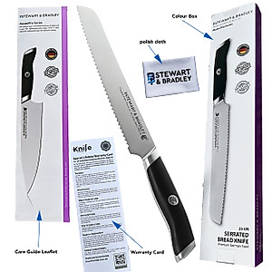 STEWART & BRADLEY 8Inch Serrated Bread Knife. MasterPro Series Full Tang, Razor Sharp, Ultra Fine Highly Tempered German Steel 4028, Forged to 1400 degrees, Precision Diamond Sharpened bread knife