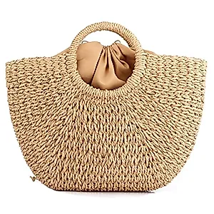 EROUGE Natural Chic Straw Bag Hand Woven Round Handle Handbags Retro Summer Beach Bag Beach Bag (Coyote brown)…