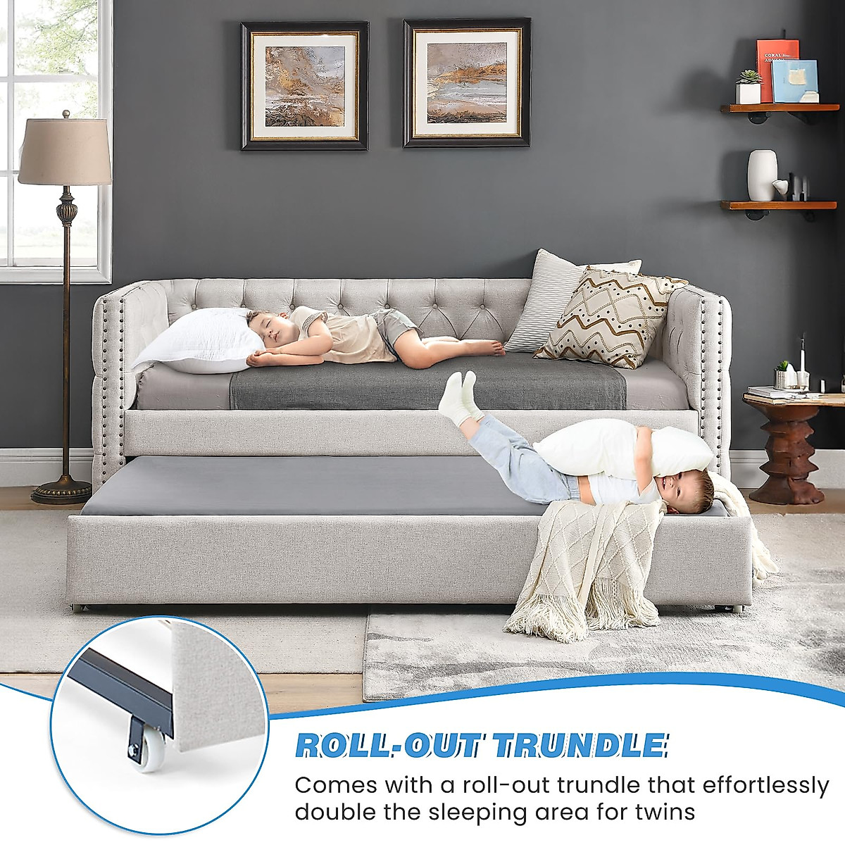 Antetek Daybed with Trundle, Modern Upholstered Full Size Button-Tufted Sofa Bed Frame with A Roll-Out Trundle, No Box Spring Needed, Furniture for Bedroom Living Room Guest Room (Beige, Full)