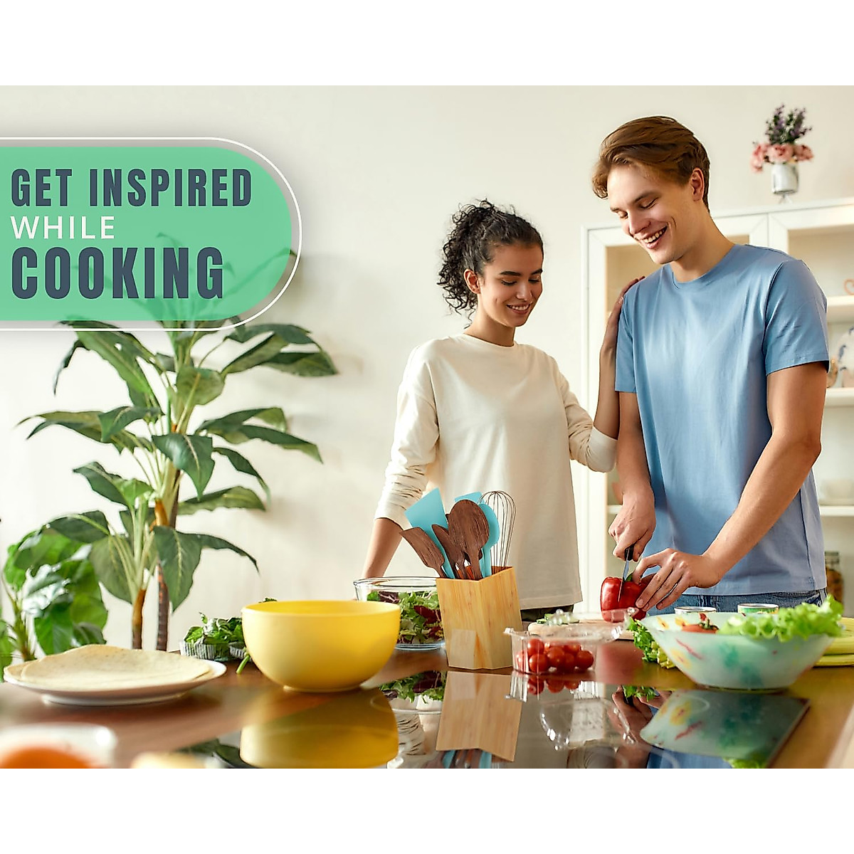 Comfify Bamboo Utensil Holder For Countertop - Large Upright Modern Organizer - Utensil Crock for Kitchen Counter