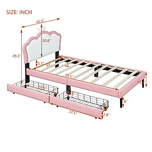 SOFTSEA Twin Size Princess Bed with Storage Drawers, Faux Leather Platform Bed with Crown Headboard for Kids Girls, No Box Spring Needed, Pink