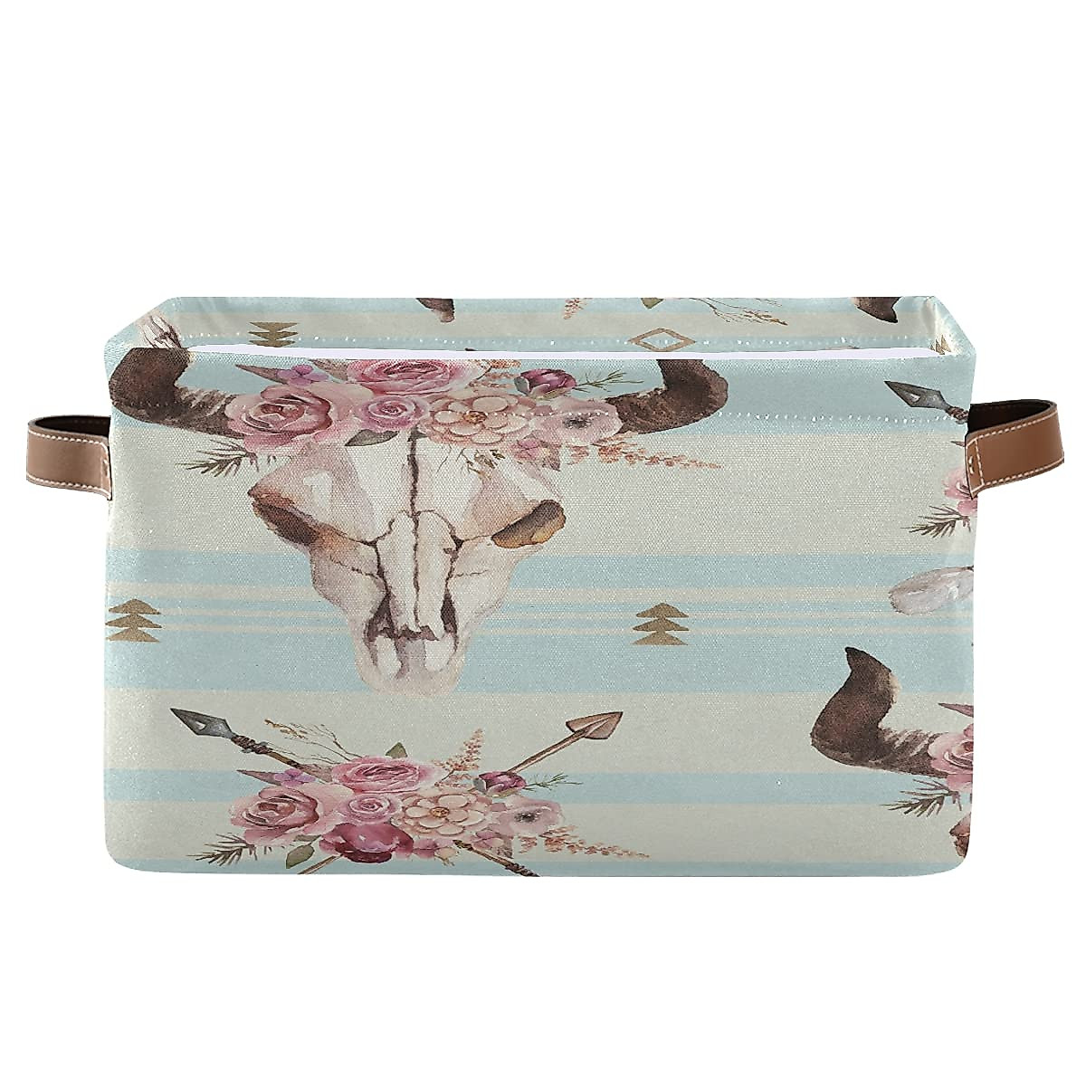 Collapsible Storage Bin Cube Floral Flower Animal Cow Skull Laundry Basket Hamper Toy Cloth Organization Bag with Handle for Pantry Nursery Home Office Shelve,2 PCS