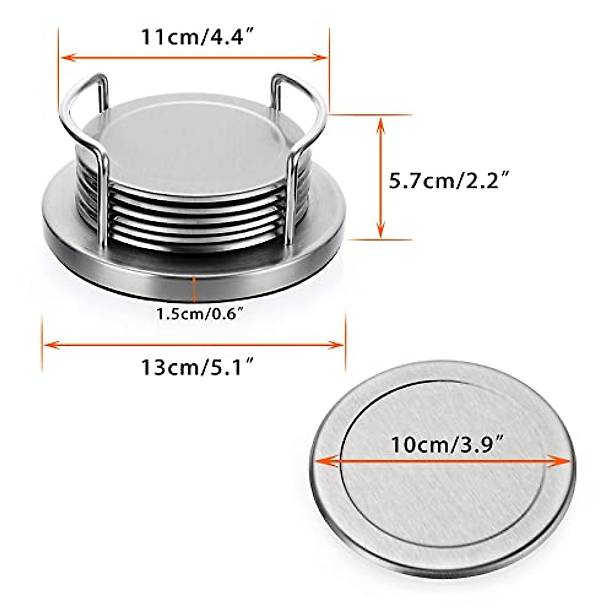 JUXYES Set of 6 Stainless Steel Round Coasters with Holder & Sponge Bottom, Silver Metal Cup Coasters Set Stunning Cool Coaster Cups Mats Decor for Restaurant Kitchen bar Dining Table