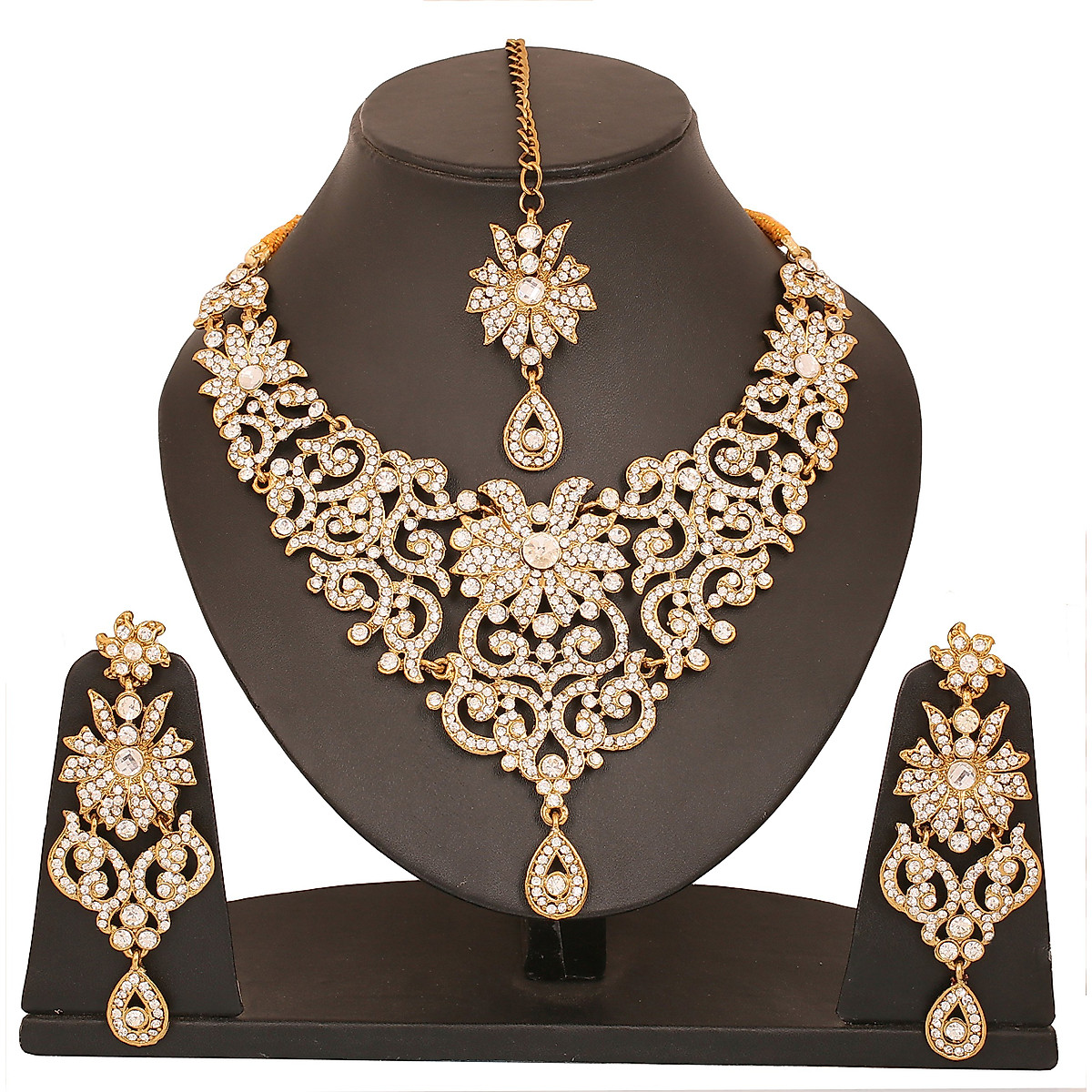 Touchstone Indian jewelry sets for women bollywood gold wedding bridal necklace desi earrings formal fancy rhinestone india designer jewellery punjabi white kundan tikka set in antique gold tone.