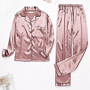 Aniywn Silk Satin Pajama Set For Women Soft Lounge Set Women's Silk Sleepwear Satin Long Sleeve Two Piece Pajama Pj Set B-pink