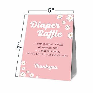 JCVUK Baby Shower Games, 1 Diaper Raffle Standing Sign with 50 Diaper Raffle Tickets, Boho Hippy Floral Daisy Theme Gender Reveal Party Decorations and Supplies For Boys or Girls(LBLK-A07)
