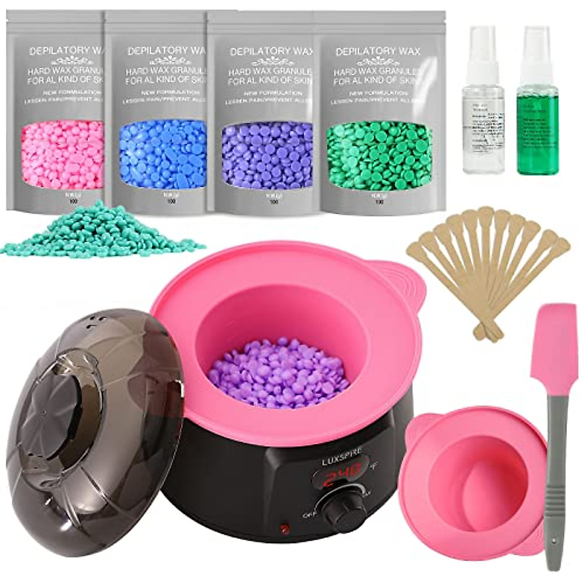 Luxspire Wax Warmer for Hair Removal, Waxing Kit for Women, Digital Wax Machine with Silicone Wax Pot, 4 Pack Hard Wax Beads, Waxing Applicator, Wax Pot, Home Self Waxing Kit for Body Eyebrow Bikini