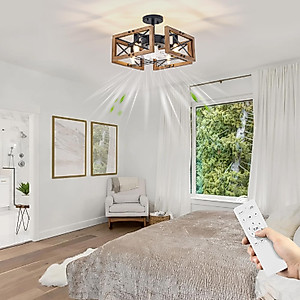 Farmhouse Ceiling Fans with Lights, Wood Flush Mount Ceiling Fan Lights with Remote Control,Caged Indoor Ceiling Fan with Light for Living Room,Bedroom,Kitchen