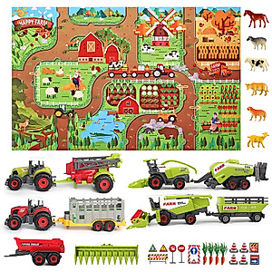 Oriate Farm Tractor Set 34 Piece Die Cast Vehicle Value Playset, Large Size 4.8" Tractors Toy Kids Birthday Gift, Farm Play Mat Tractors Animals Trailer Toys, Farm Equipment Accessories