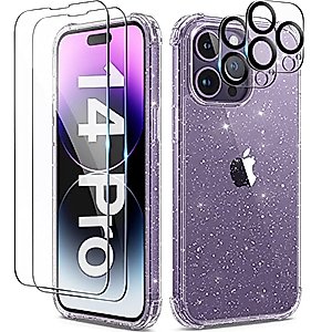 BERFY for iPhone 14 Pro Case Glitter Clear, with 2X Screen Protector + 2X Camera Lens Protector, [Non-Yellowing] [Military Grade Protection] Cute Bling Shockproof Phone Case 6.1 Inch, Shiny Clear