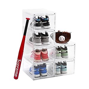 Uni HIMO Drop Front Shoe Box with Clear Door,6 pack Plastic Shoe Boxes Stackable,Thicken & Sturdy Organizer Containers For Sneakers,Fit up to US Size 12(13.5”x 10.5”x 7.4”)