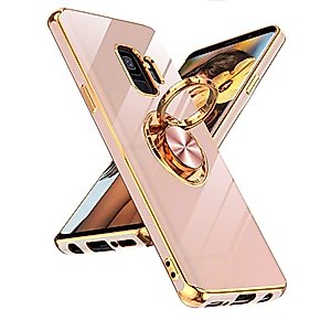 LeYi for Samsung Galaxy S9 Case with 360° Rotatable Ring Holder Magnetic Kickstand, Plating Rose Gold Edge Protective Case for Women and Girls, Pink