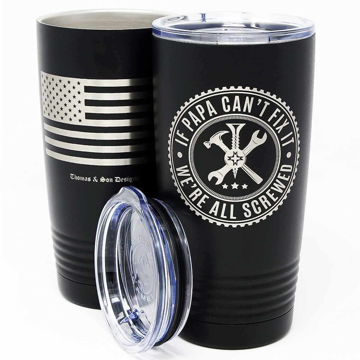 Stainless Steel Travel Mug by Thomas & Son Designs - If Papa Can't Fix It We're All Screwed Mug - Double Wall Insulated Travel Coffee Mug For Dad - Father & Grandpa Christmas Gifts - 20 Oz Tumbler