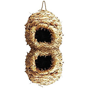 Meric Bird Nest Hut with 2 Pockets, Hand-Woven Grass Hanging House, Secure Hideaway and Shelter for Finch, Canaries, Chickadee, House Wren, Hummingbird, Sparrow, 1 Piece