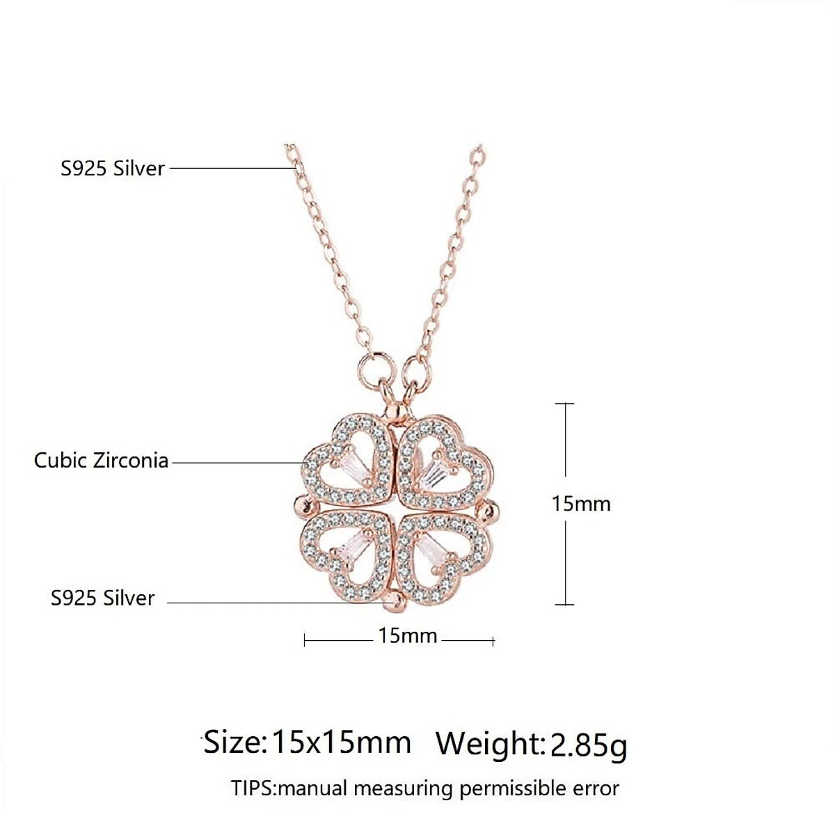 Lam Sence Sterling Silver Heart Shaped and Four Leaf Clover Convertible Pendant Necklace Crystals Jewelry for Women (Rose Gold)