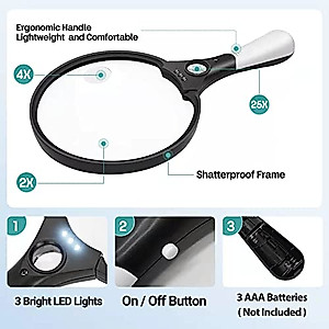 Magnifying Glass with Light, 5.5 Inch Large Magnifier 2X 4X 25X Zoom Magnifying Glass Lens with 3 Bright LED Illuminated Lighted Handheld Magnifier for Seniors Reading, Stamps, Map