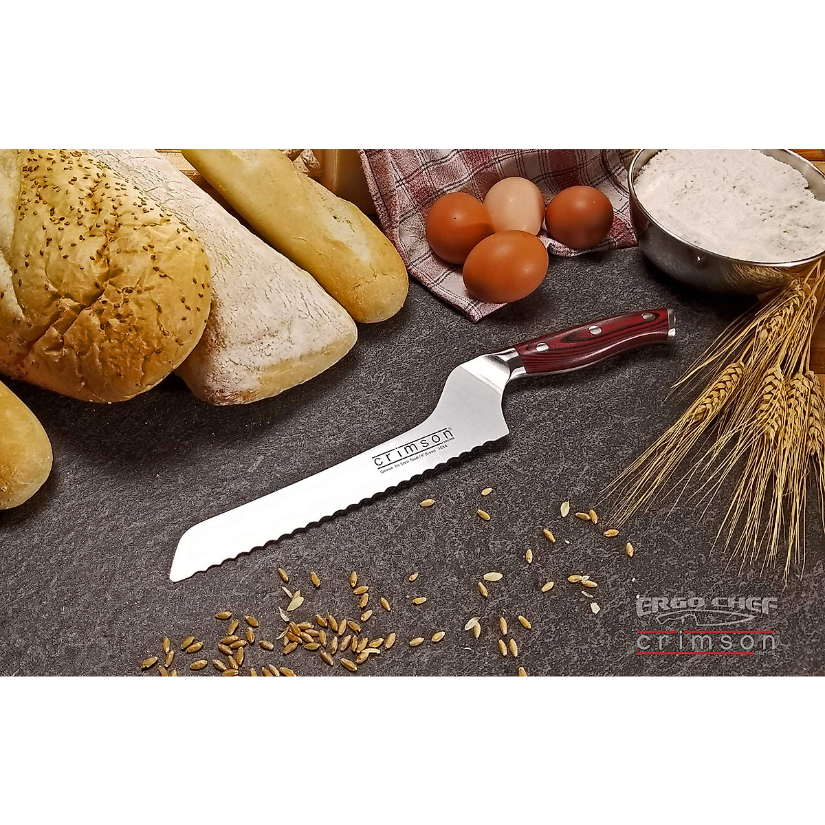 Ergo Chef Crimson Series Serrated Offset Bread & Deli Knife, 8-inch - Forged German X50CrMoV15 High-Carbon Stainless Steel - G10 Handle
