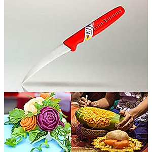 Pack 3 Kiwi Kom Kom Knife Fruit Carving Red Handle for Fruits and Vegetables Thai Carver Tool