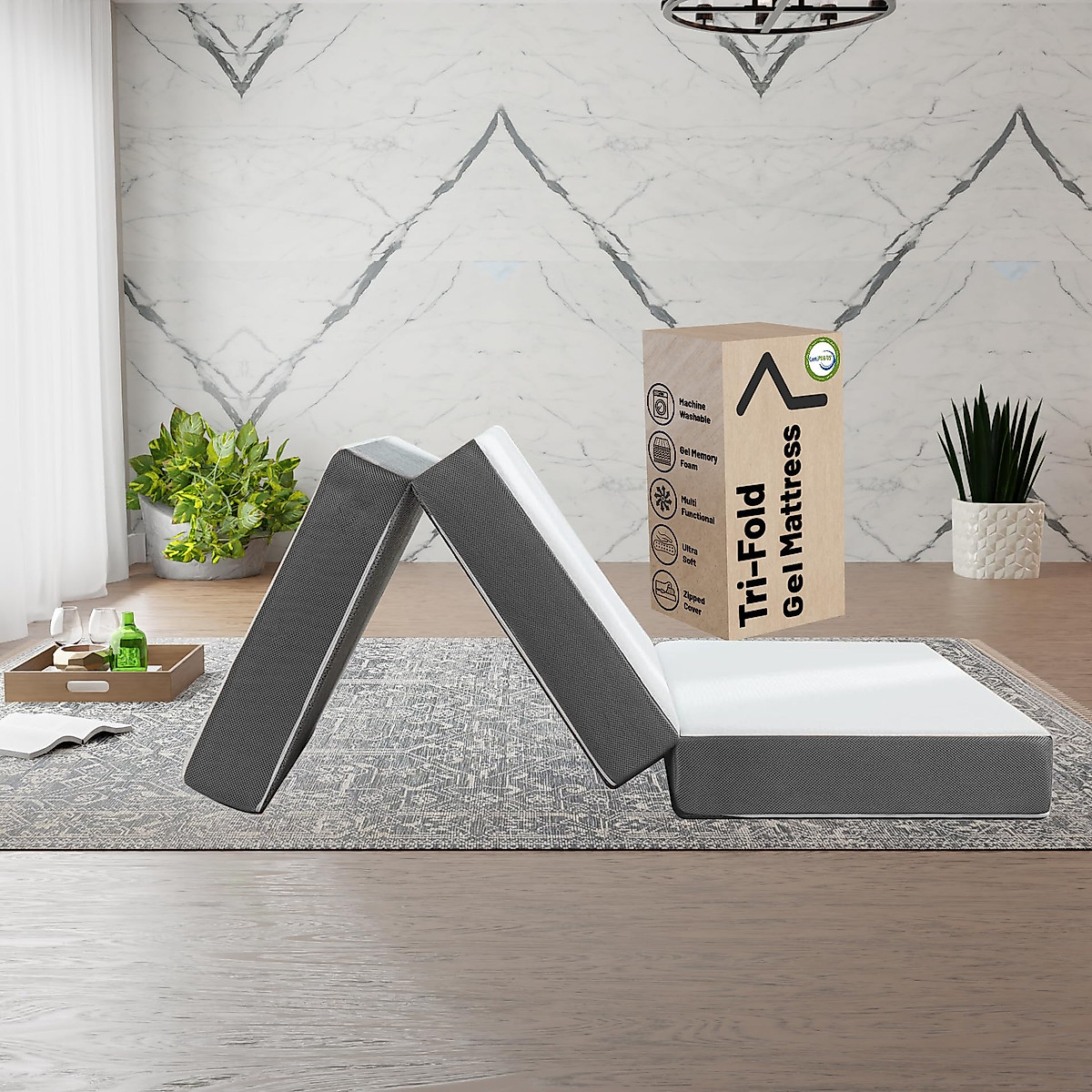 Treaton, 5-Inch Tri-Folding Gel Memory Foam Portable Floor Mattress | Breathable Mesh, Ultra Soft, Cot Pad, Removable and Washable Cover, Comfortable Support, Therapeutic Qualities, 31-Inch, White