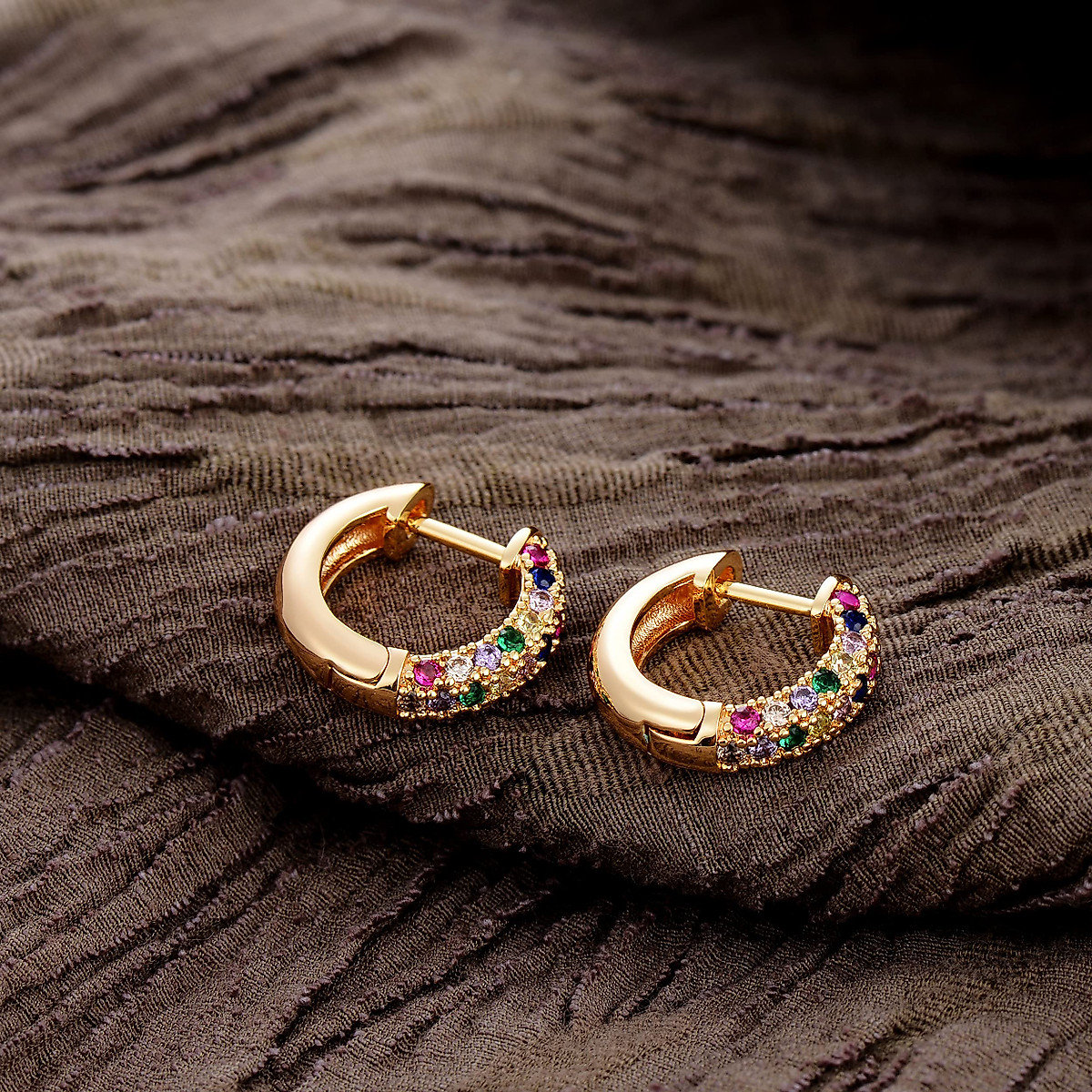 MEVECCO Dainty Women Gold CZ Huggie Hoop Earrings 18K Gold Plated White Multicolor Diamond Cubic Zriconia Inlay Sleeper Tiny Delicate Boho Beach Simple Handmade Jewelry for Her