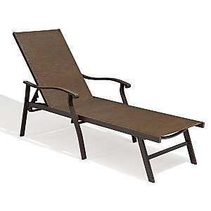 Crestlive Products Chaise Lounge Chair Outdoor with Armrest, Pool Lounge Chairs, Aluminum with Adjustable 5 Backrest for Patio, Poolside, Yard, Deck, Backyard (Brown)