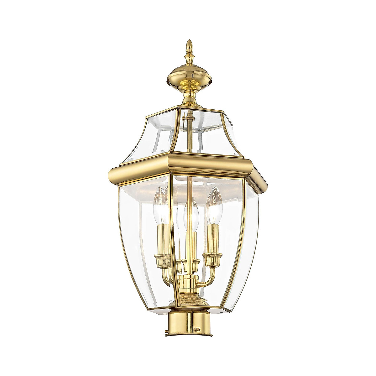 Livex Lighting Lantern 2354-02 Monterey 3 Light Outdoor Polished Brass Finish Solid Brass Post Head with Clear Beveled Glass, 17" x 9" x 11"