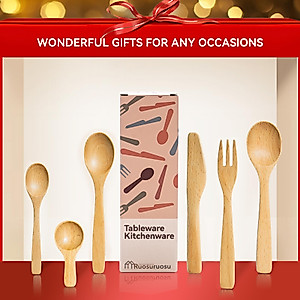 Wooden Spoon for Eating, Fork and Knife Set(6 pcs), Salad Spoon, Spreader Knife, serving spoon, Small Scoops for Canisters, Coffee Spoon, Portable Travel Tableware, Natural Wood Cutlery Set Reusable