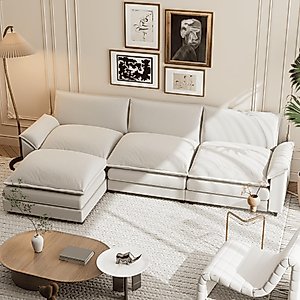 Shahoo Sectional Modular Sofa L Shaped Chenille Fabric Couch with High Supportive & Soft Sponges and Removable Ottoman, Sleeper Comfy Upholstered Furniture for Living Room, White