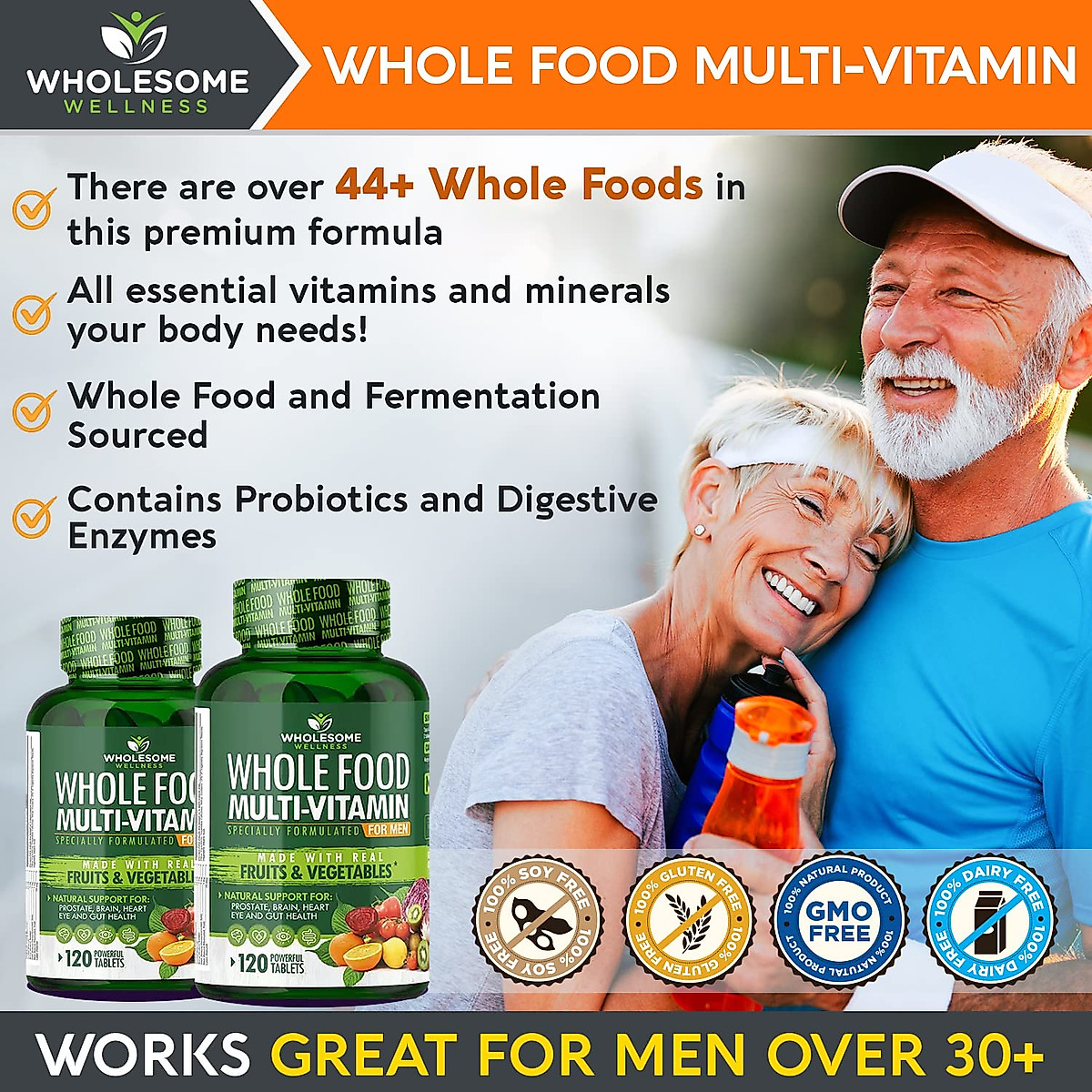 Whole Food Multivitamin for Men - Natural Multi Vitamins, Minerals, Organic Extracts - Vegan Vegetarian - 120 Tablets