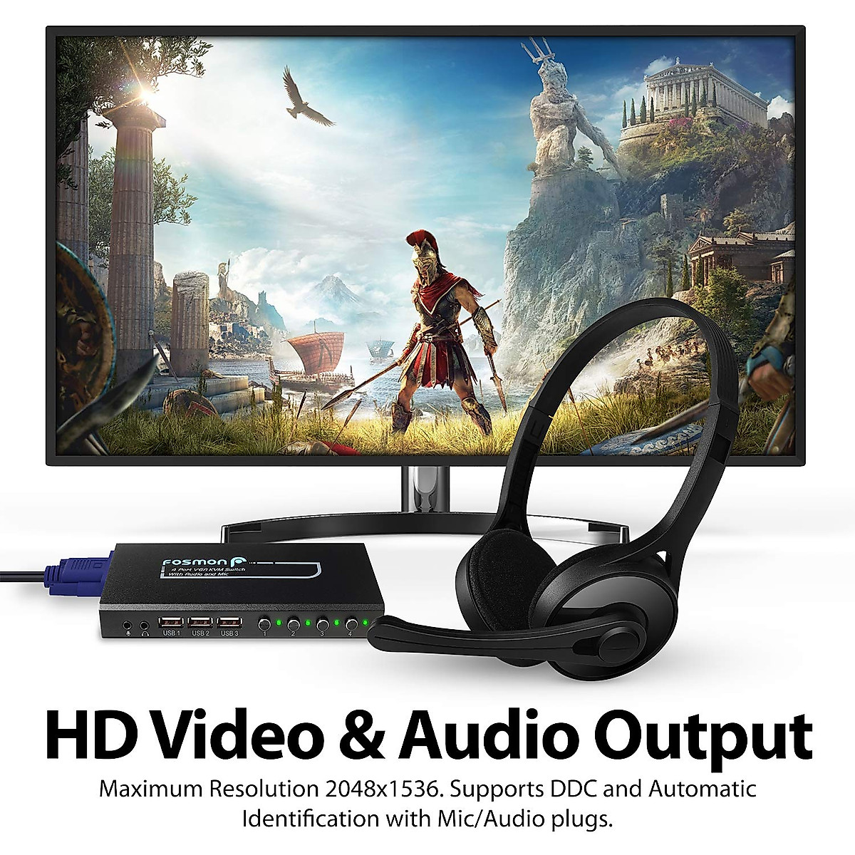 Fosmon 4-Port VGA KVM Switch, 3 USB Hubs, 1 Audio Output, 4 VGA Cables, (2048x1536@500MHz with DDC) Share 4 Computers with 1 Monitor and 3 USB Devices Mouse Keyboard Printer for PC Laptop Desktop