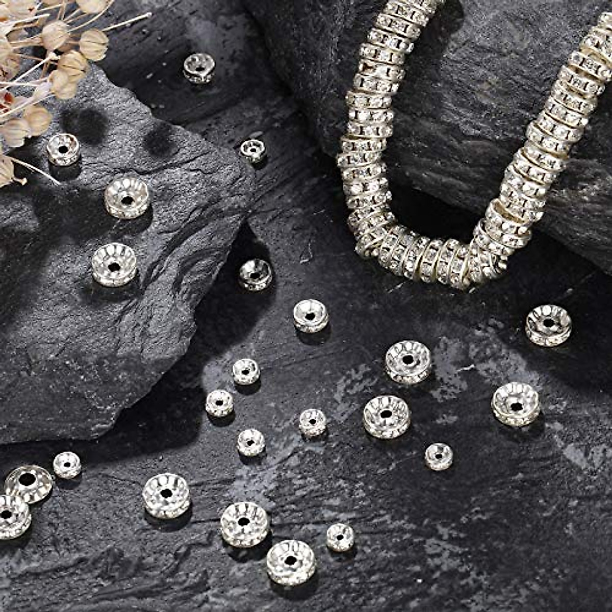 800 Pieces Round Rondelle Spacer Beads Crystal Rhinestone Loose Bead Rondelle Charm Beads 6 mm 8 mm 10 mm for Necklaces Bracelets Jewelry Making (Silver)
